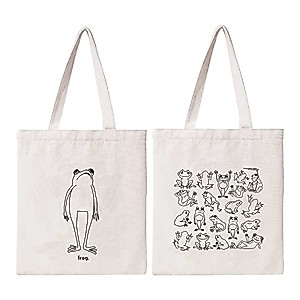 THEYGE Frog Tote Bag Cute Canvas Bag Aesthetic Funny Tote Bag For Women Frogs Tote Handbag Cotton Grocery Shopping Bag Beach Shoulder Bag