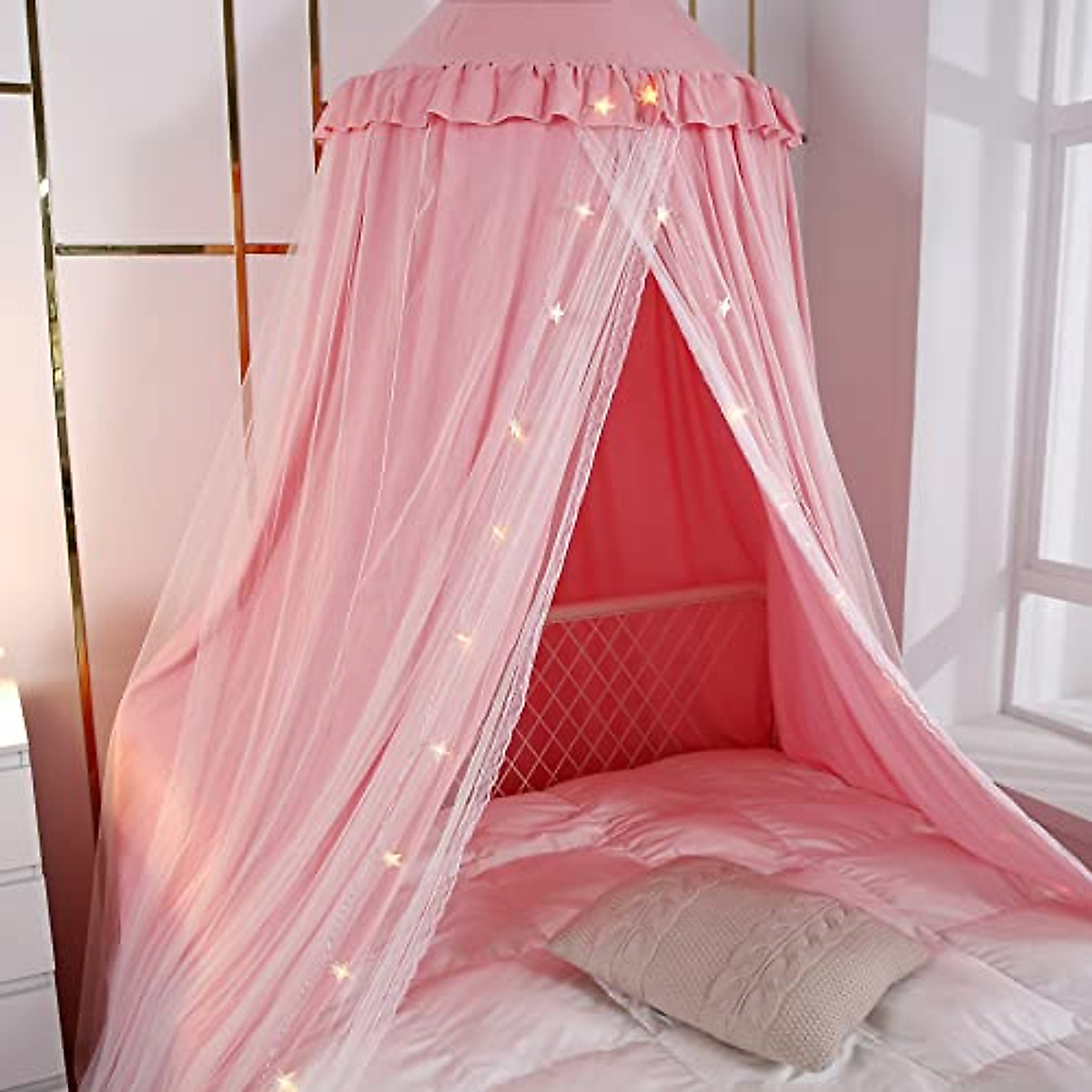 Mengersi Bed Canopy for Girls with Stars String Lights,Double Sheer Mesh Lightproof Canopy Bed Curtains Bed Netting-Extra Large for Twin Full Queen King Bed,Castle Play Tent Hanging House Décor