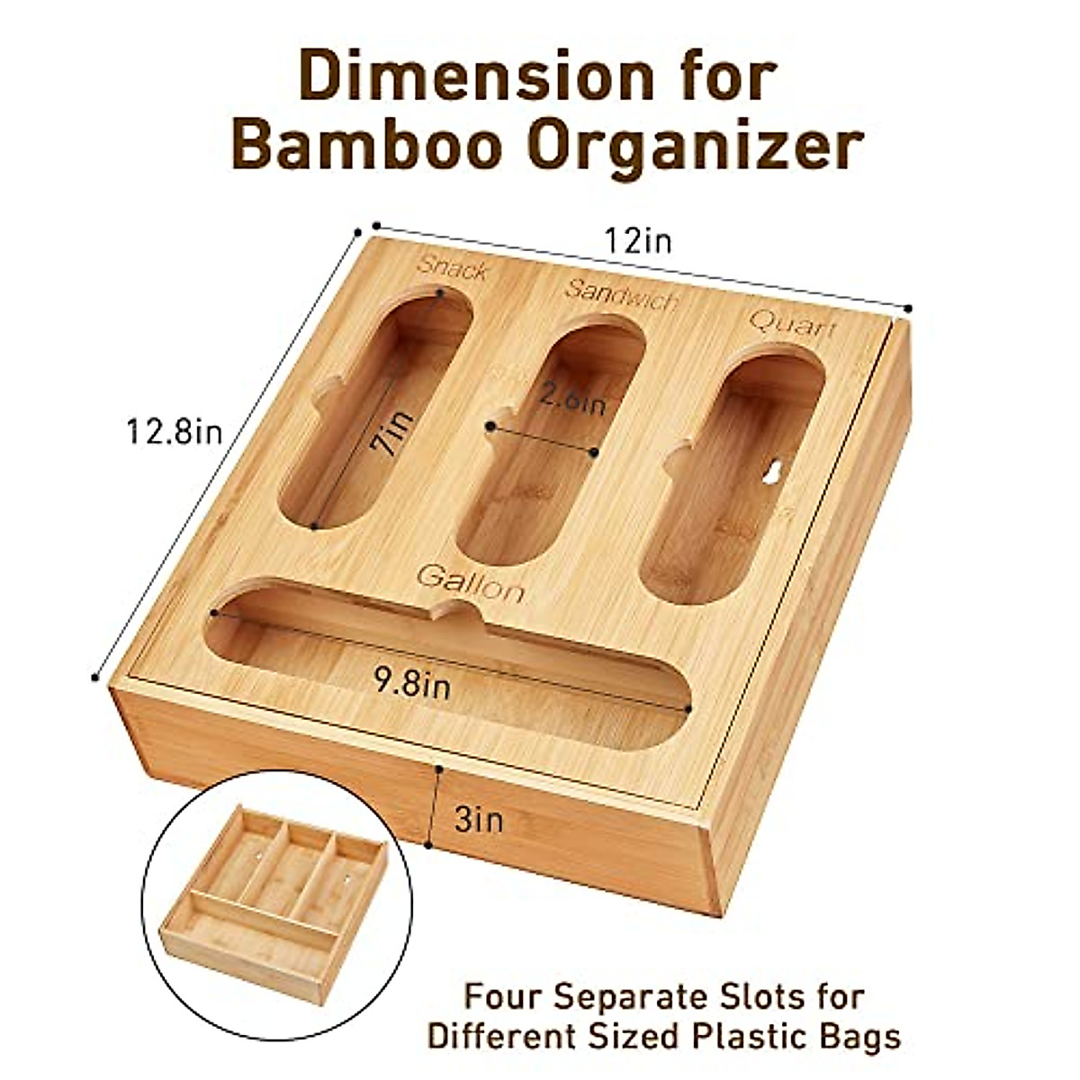Headley Tools Ziplock Bag Organizer, Bamboo Organizer- Food Bags Container for Kitchen Drawer Baggie Dispenser & Holder Compatible with Gallon, Quart, Sandwich and Snack Variety Size Bag