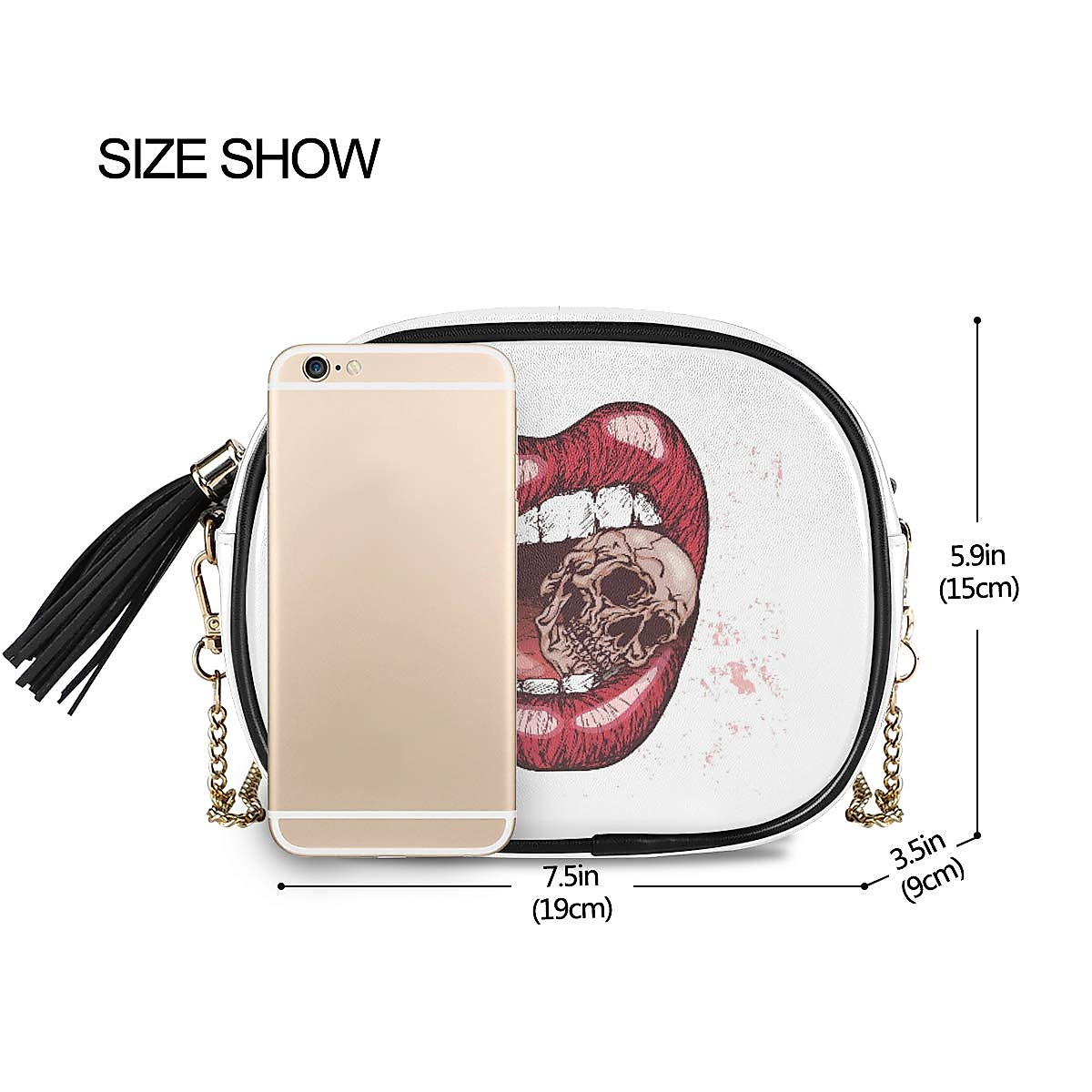 ALAZA PU Leather Small Crossbody Bag Purse Wallet Punk Red Lips Biting A Skull Cell Phone Bags with Adjustable Chain Strap & Multi Pocket