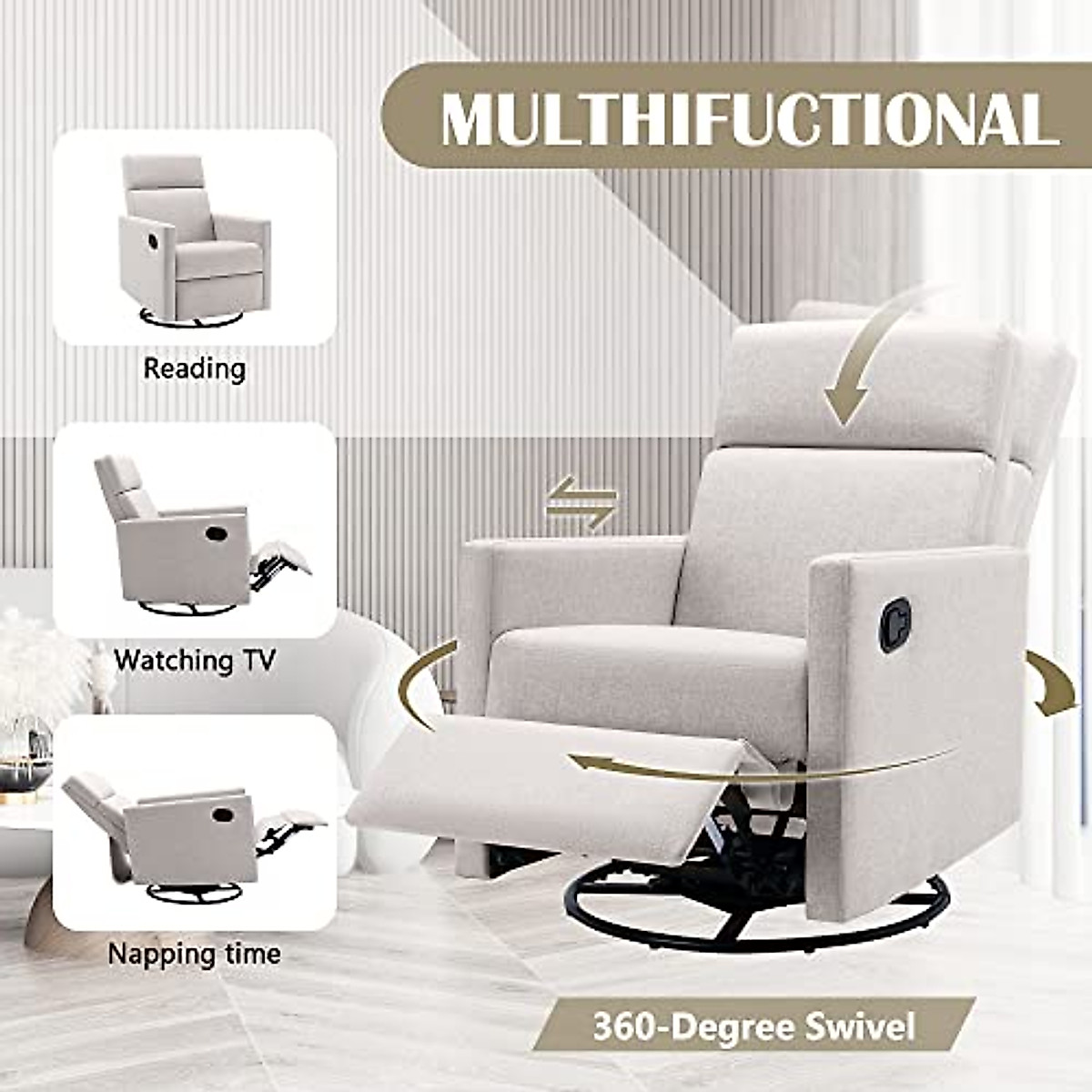 Merax Tan Modern Soft Linen Swivel Push Back Rocker Recliner w/Headsupport Adjustable Nursery Glider Chair for Living Room, Bedroom, Set of 1