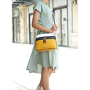 MKF Crossbody Bag for Women – PU Leather Pocketbook Handbag – Designer Side Messenger Purse, Shoulder Crossover Mustard Navy