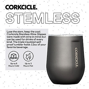 Corkcicle Stemless Insulated Wine Glass Tumbler, Ceramic Slate, 12 oz – Stainless Steel Stemless Wine Glass Keeps Beverages Cold for 6 Hours, Hot for 3 Hours – Non-Slip, Easy-Grip Insulated Cup