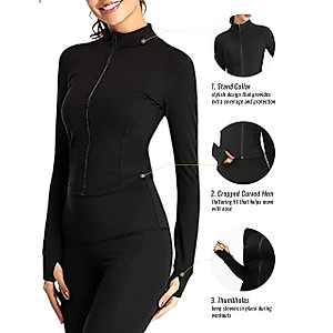 Yeokou Womens Active Zip Up Seamless Sports Running Track Jacket Tops with Thumbhole（Black-M）