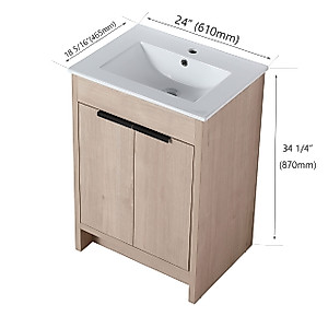 Goujxcy 24'' Freestanding Bathroom Vanity with White Ceramic Sink and 2 Soft-Close Storage Cabinet Doors Wooden Bath Cabinet Integrated Single Sink for Bathroom (Light Oak-24'')