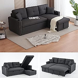 Payeel Sectional Sofa with Pull-Out Bed and Storage Chaise Lounge 83" Furniture Contemporary L-Shaped Fabric Sleeper Sofa Bed with Cup Holders for Living Room, Apartment (Dark Gray W/Rivet)