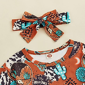 Newborn Baby Girl Romper Flare Long Sleeve Floral Cow Print Bodysuit Jumpsuit with Headband Cute Fall Winter Clothes (Brown, 6-12 Months)