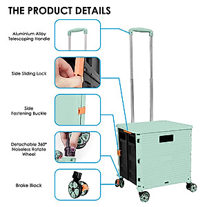 SELORSS Foldable Utility Cart Portable Collapsible Crate Rolling Carts with Wheels Rolling Tote Basket Teacher Cart with Lid Wear-Resistant 360°Rotate Wheel Noiseless for Shopping Storage Office Use