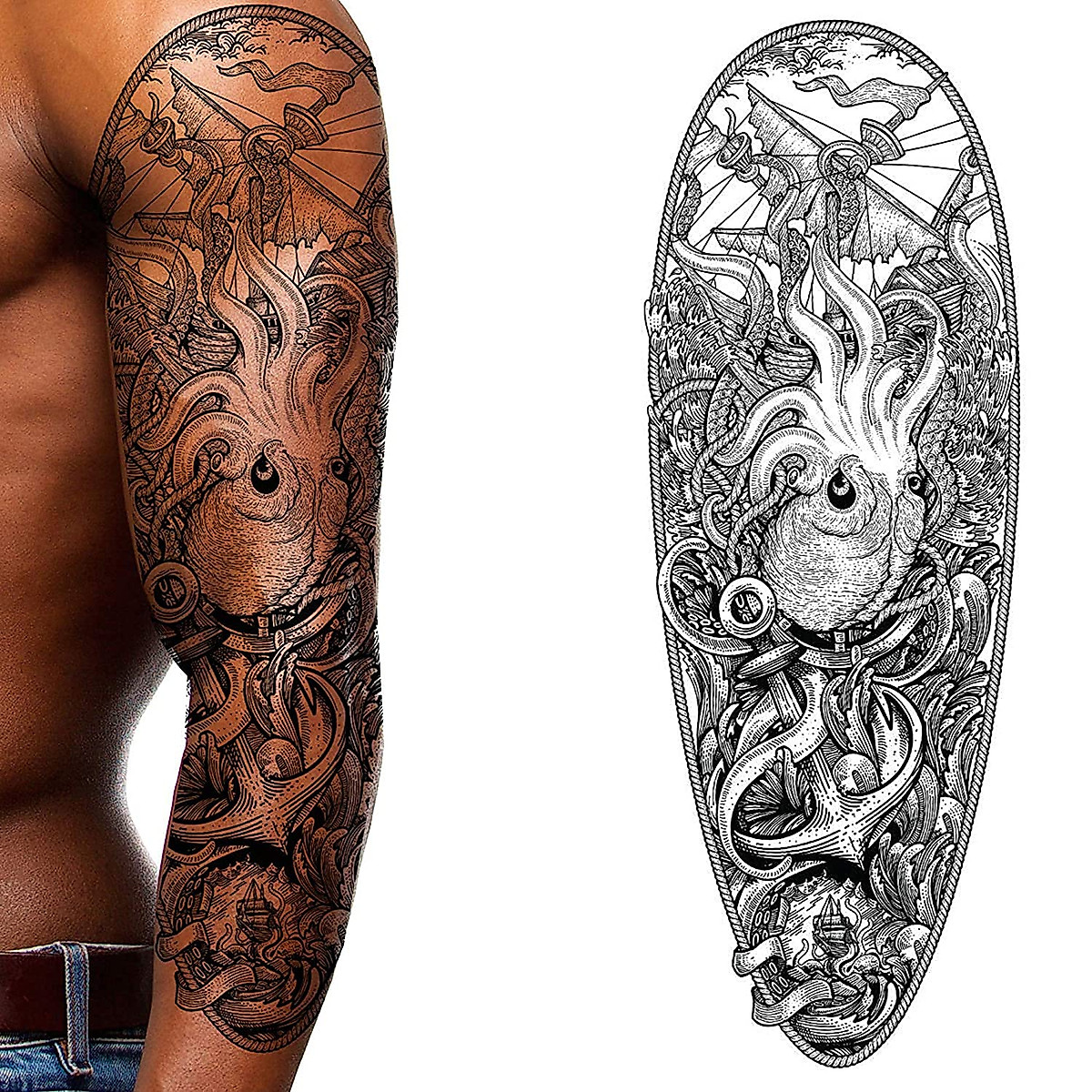 Tatodays 2 x Temporary tattoo full arm caribbean pirate kraken stick on body art transfer for women and men cosplay halloween adult temp tattoo for arms fancy dress