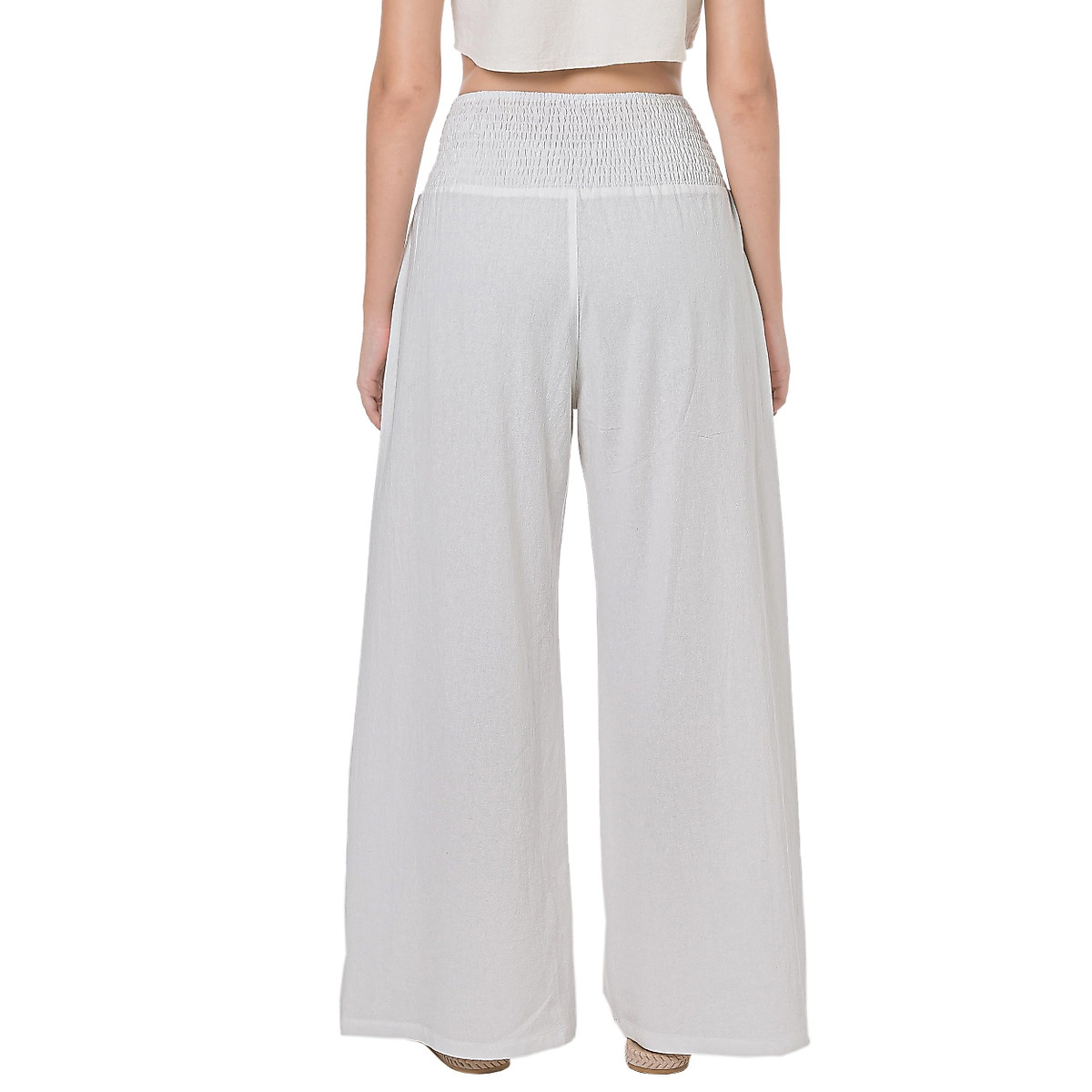 LOFBAZ Women Summer Flowy Cotton Linen Palazzo Wide Leg Pants Beach High Waisted Trousers Boho Long Lounge Pant with Pockets White XL