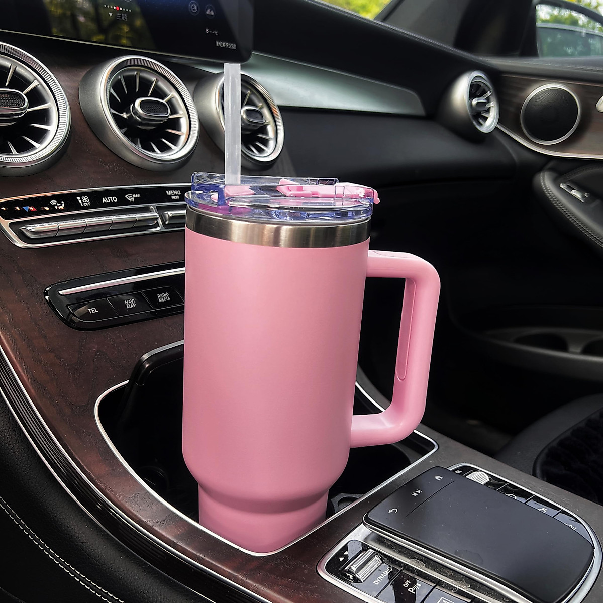 Yerivei 40 oz Tumbler with Handle and Straw Lid,Insulated Reusable Stainless Steel Water Bottle Travel Mug，Cupholder Friendly Double Wall Vacuum Sealed Cup (Pink)