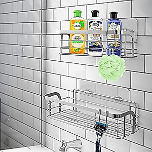 Adhesive Shower Caddy (2 Pack), Bathroom Shelves with 2 Double-Hooks, 100% SUS304 Stainless Steel Bathroom Organizer for Organization and Storage, Silver…