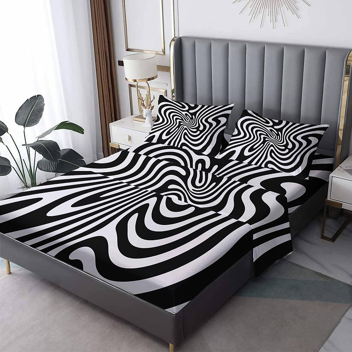 THYUNQ Abstract Sheets Full Size Bed, Black and White Pattern Bedding Sheets & Pillowcases - 16 Inch Deep Pocket, Super Soft Microfiber Printed Sheet Set 4 Piece