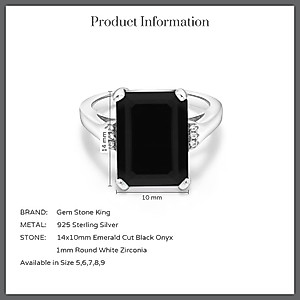 Gem Stone King 925 Sterling Silver Black Onyx Engagement Ring For Women (6.67 Cttw, Emerald Cut 14X10MM, Gemstone Birthstone, Available in size 5, 6, 7, 8, 9)