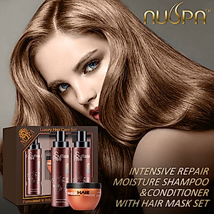 Nuspa Moroccan Argan Oil Hair Care Set - Sulfate Free for Damaged, Dry, Frizzy, Color Safe, Keratin Treated Hair with Long Lasting Shine