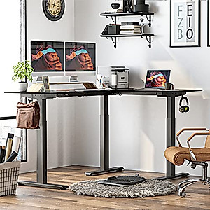 FEZIBO Triple Motor L-Shaped Electric Standing Desk, 63 Inches Height Adjustable Stand up Corner Desk, Sit Stand Workstation with Splice Board, Black Frame/Black Top