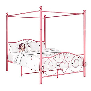 Albearing Canopy Bed Frame Platform Metal Bed Frame Heavy Duty Steel Slat and Support with Headboard and Footboard No Box Spring Required (Queen, Pink)