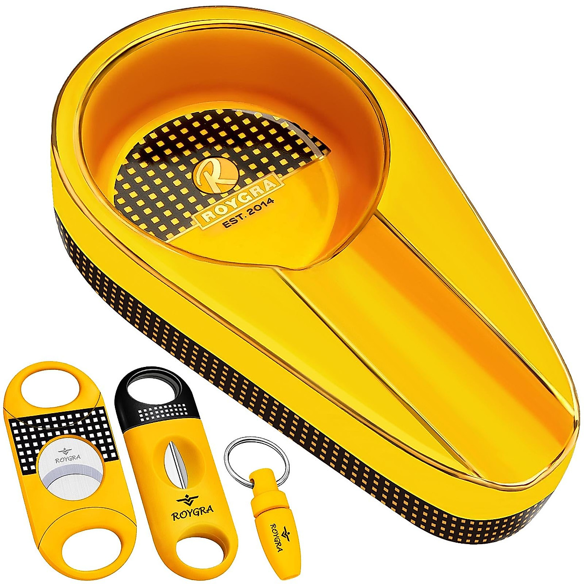 roygra Cigar Ashtray with Cigar Cutter Set, Handmade Gilt Ceramic Ashtray with Enlarge Guillotine, Enlarge V-Cut, Cigar Punch (Orange)