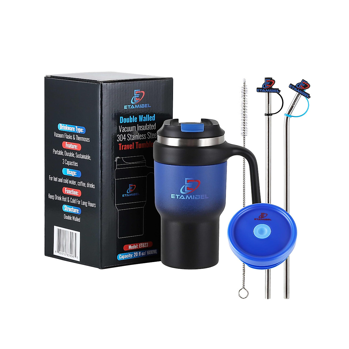 ETAMIBEL 20oz Double Wall Stainless Steel Vacuum Insulated Tumbler with Handle Straw Lid Straw Toppers Straw Brush | Thermos Flask for Water Iced Tea Coffee Smoothie and More| Portable Mug For travel