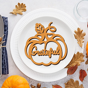 Spiareal 12 Pcs Fall Thanksgiving Wood Cutout Thankful Grateful Blessed Sign Plate Decor Pumpkin Maple Leaf Turkey Table Settings Thanksgiving Autumn Plate Table Wall Decoration(Yellow,Orange,Brown)
