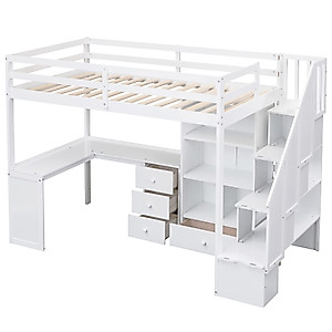 Twin Size Loft Bed with Staircase and L-Shaped Desk, Wooden Loft Bed with Storage Shelves and Drawers, Twin Loft Bunk Bed Frame for Kids Boys Girls Teens, No Box Spring Needed (White)
