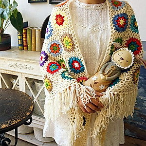 Hblanket Handmade Crochet tassel Shawls Wraps Granny Square Womens Coat Sweater (white) 68x33in