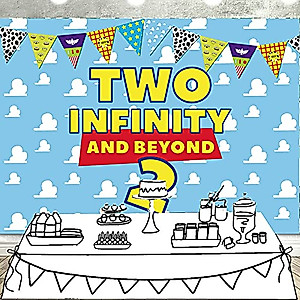 HEETON Two Infinity and Beyond Backdrop Buzz Banner Light Year Toy Inspired Story 2nd Birthday Balloons Party Supplies Decorations Photo Prop for Girl Boy Baby Background -7 x 5ft
