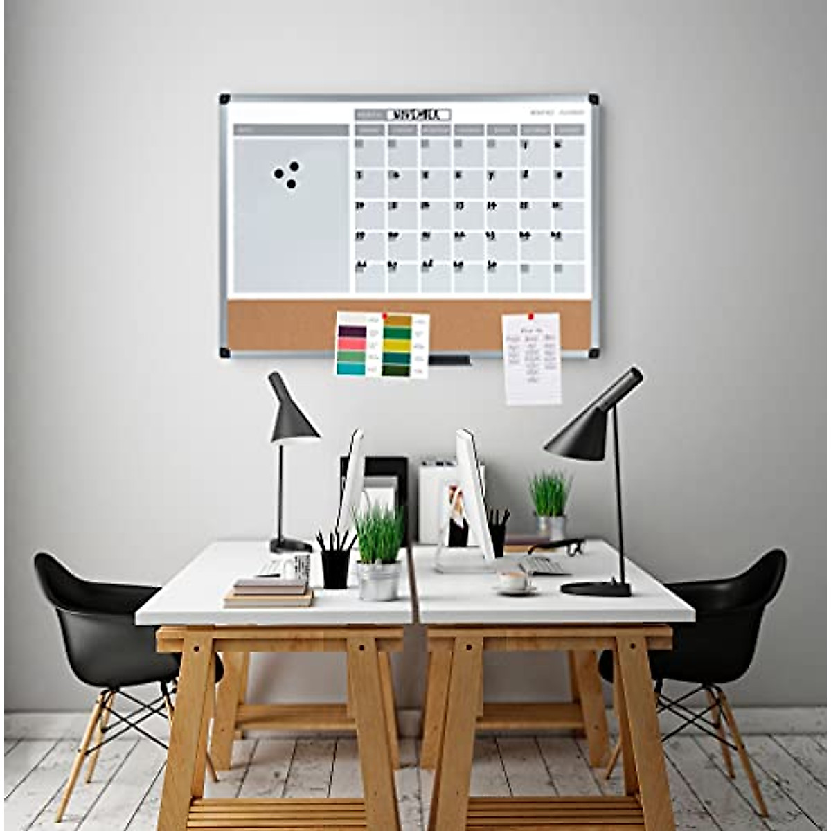 MasterVision Magnetic Dry Erase Monthly Calendar Planner Push Pin Corkboard Combo with Marker Tray, 24" x 36", Gray Plastic Frame, White, MB0707186P