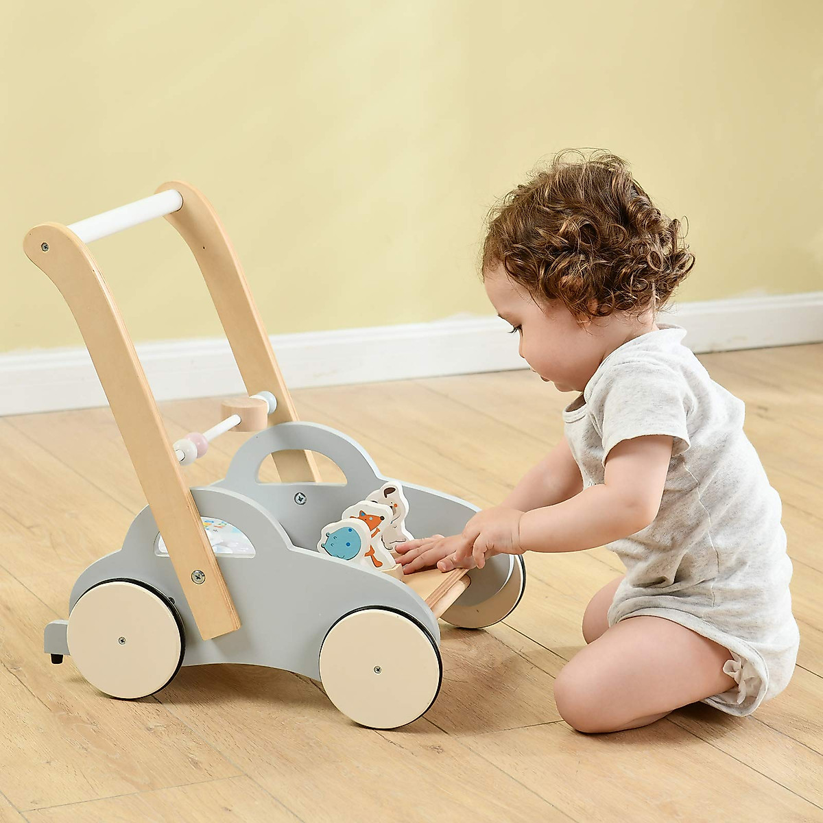 labebe Push Walker Stroller Toys,Pull Wagon for Kid,Gray Animal-Push Toy for Toddler, sit to Stand Learning Walker, 2-in-1 Activity Push Walker for Infant/Child, Wooden Play Wagon 4 Wheel Push Walker