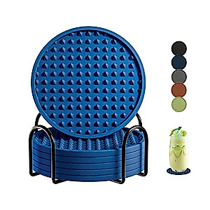 Coasters for Drinks 6 Pack Drink Coasters with Holder,Heat Resistant Silicone Coasters Tabletop Protection,Non-Slip Rubber Coasters for Kinds of Cups (Blue)