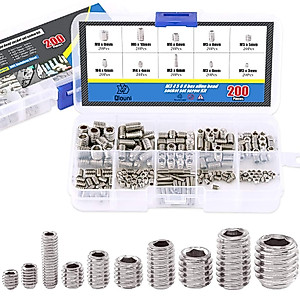QLOUNI 200pcs M3 M4 M5 M6 M8 Allen Head Socket Hex Grub Screw Set Cup Point Assortment Kit (Metric, 304 Stainless Steel)