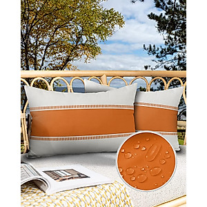 Outdoor Waterproof Throw Pillow Covers 20 x 12 Inches Set of 2 Orange White Stripes Minimalist Simple Pattern Decorative Cushion Cover Pillowcase for Garden Patio Tent Beach Livingroom Sofa Couch
