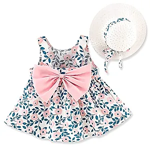 PATPAT Toddler Baby Girl Clothes Floral Print Bowknot Sleeveless Cute Baby Girl Dress Set 3-6 Months 2PC