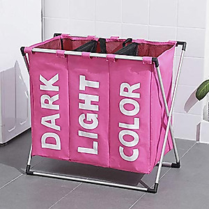 Large Collapsible Laundry Hamper Sorter with 3 Sections, Waterproof Laundry Basket with Aluminum X-Frame & Mesh Bundle Pocket for Bathroom Bedroom Home Storage (Pink)