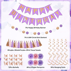 Purple Pink Birthday Party Decorations for Women Girls, Butterfly Confetti Rose Gold Lavender Balloons Happy Birthday Banner Fringe Curtains Hanging Swirls Circle Dots Tassels Pom 30th 40th 50th Her