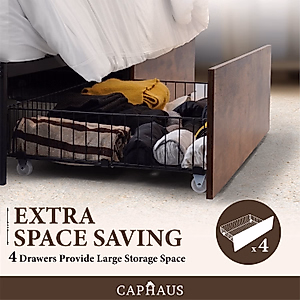 CAPHAUS Industrial Metal Storage Bed Frame with 4 Drawers, Mattress Foundation with Metal Slat Support, Space Saving Platform Bed Frame, Noise-Free, No Box Spring Needed, Queen Size, Rustic Oak Board