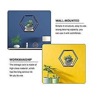 YARDWE Home Décor Wall Mounted Shelves Metal Iron Wire Hexagon Design with Wooden Base Display Racks Floating Shelves for Home Office Decoration Black Ornament Holders