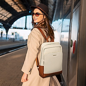 WESTBRONCO Leather Backpack Purse for Women 15.6 inch Laptop Backpack for School, Work, & Travel Beige