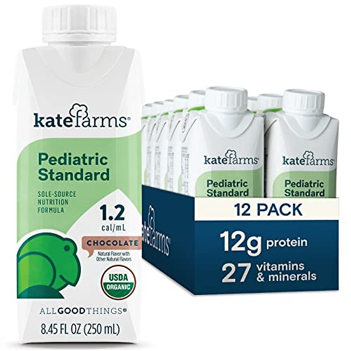 KATE FARMS Organic Pediatric Chocolate 1.2 Sole-Source Nutrition Shake, 12g of protein, 27 Vitamins and Minerals, Vegan, Meal Replacement Drink for Kids, Protein Shake, Gluten Free, Non-GMO, 8.45 Fl oz (Pack of 12)