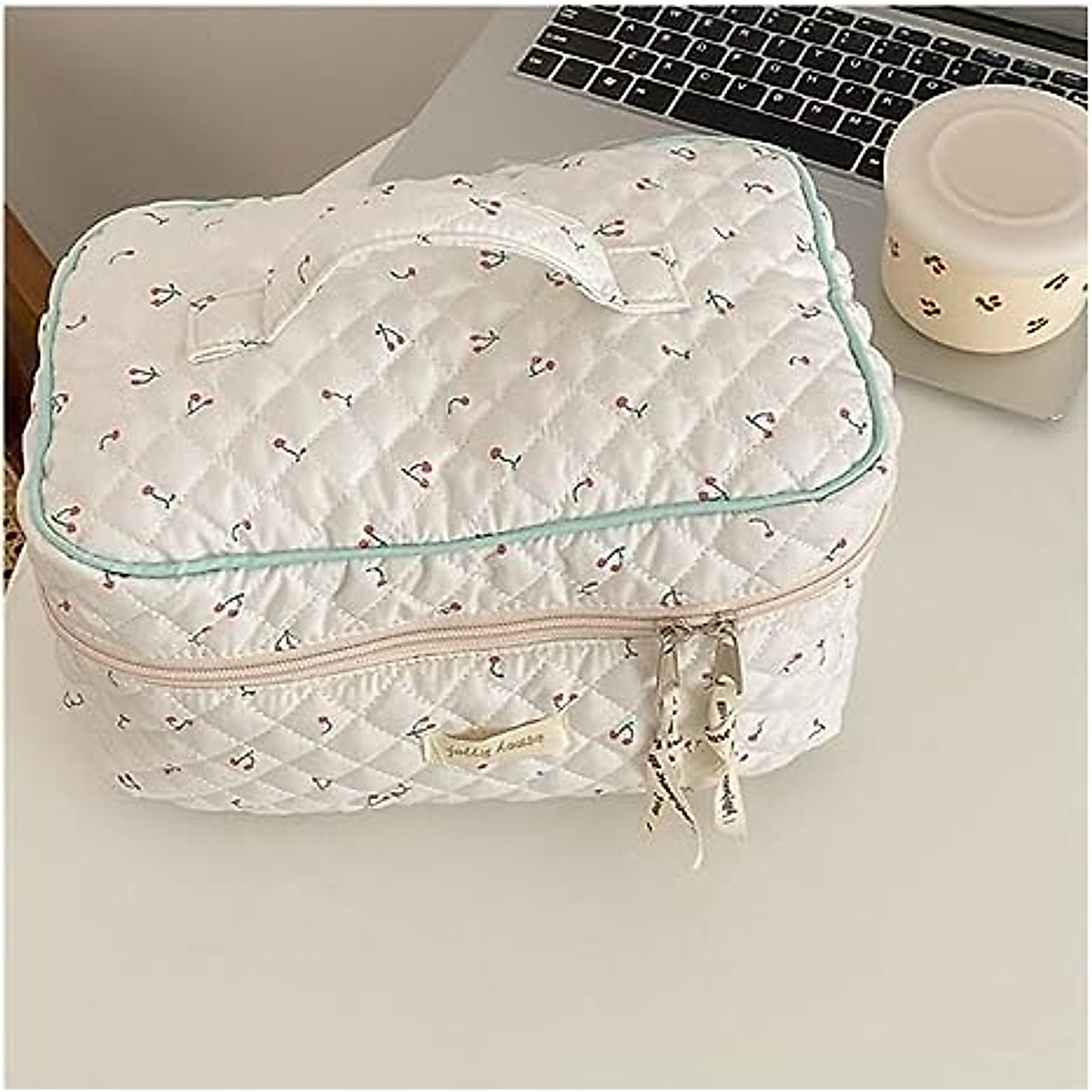 BILIPOPX 2 Pack Kawaii Cute Makeup Bag Aesthetic Travel Quilted Cotton Cosmetic Bag Organizer Toiletry Pouch for Women Teen Girls