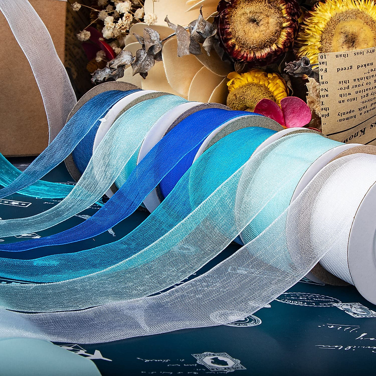 SOFIRE 6 Roll 1 Inch Wide Blue Organza Ribbon Christmas Ribbon Sheer Chiffon Ribbon for Gift Wrapping(Blue)