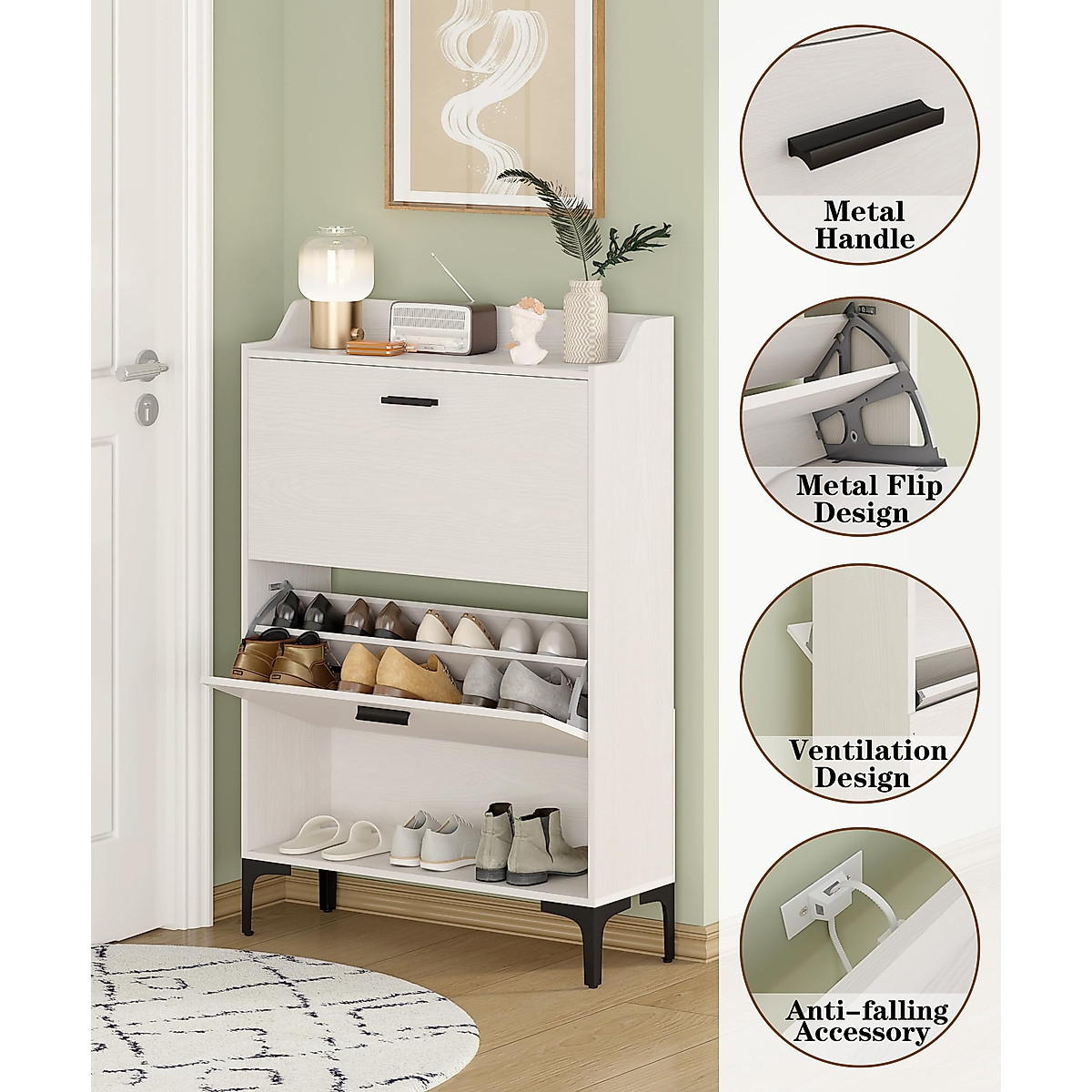 Gadroad Shoe Cabinet, Modern Slim Shoe Organizer, Tipping Shoe Cabinet with 2 Flip Drawers, Narrow Shoe Rack for Living Room Entryway, White