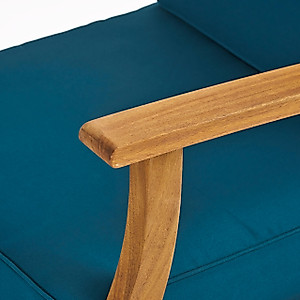 Christopher Knight Home Perla Outdoor 2 Seater Acacia Wood Bistro Set with Cushions, 28.25 "W x 28 "D x 32.75 "H, Teak + Blue