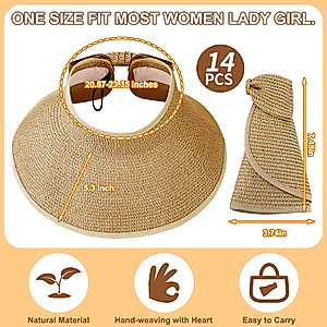 14 Pcs Wide Brim Straw Sun Hat Bulk for Women Multicolor Foldable Straw Sun Visor Hats Wide Brim Ponytail Visors Adjustable Summer Protection Beach Hat