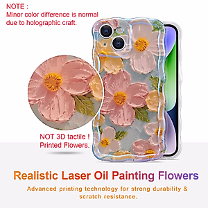 EYZUTAK Case for iPhone 14, Colorful Retro Oil Painting Printed Flower Laser Beam Glossy Pattern Cute Curly Waves Border Exquisite Phone Cover Stylish Durable TPU Protective Case for Girls Women-Green