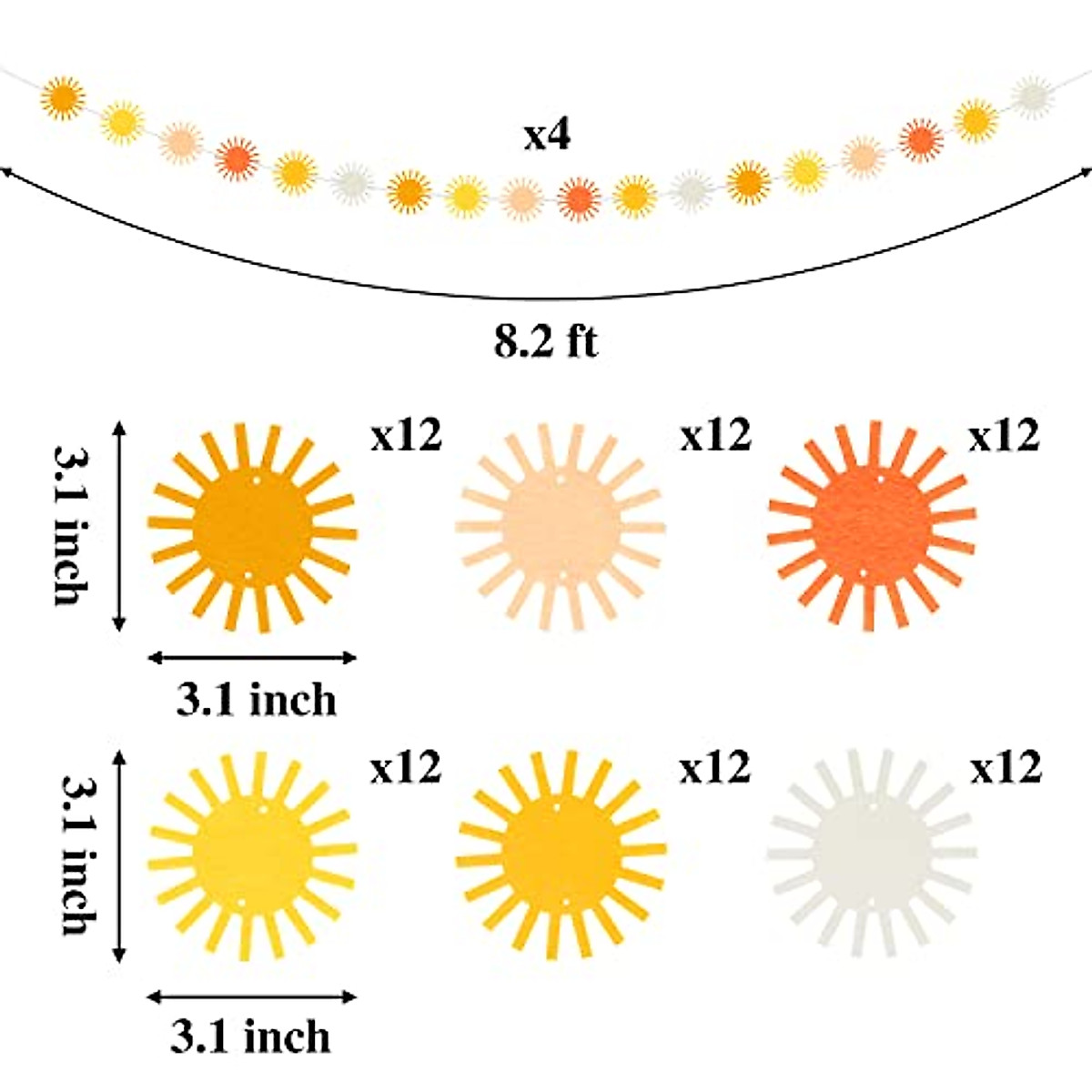 G1ngtar Boho Sun Garland Felt Artificial First Trip Around The Sun String Banner Hippie Boho Muted Sun Party Supplies Aesthetic Indoor Outdoor Party Decoration for Baby Shower Wedding, 4Pcs