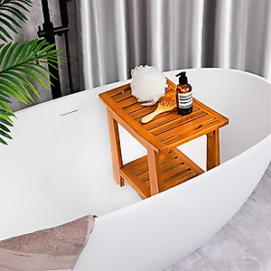 Teak Shower Bench Seat with Handle 14 Inch/Teak Wood Shower Stool with Shelf/Wooden Bathroom Spa Bathing Stool/Waterproof Teak Shower Stool/Indoor and Outdoor Use,Patented Design.