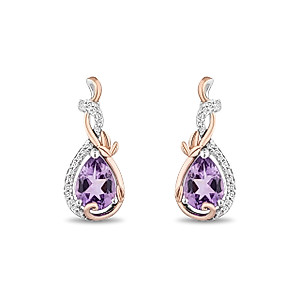 Jewelili Enchanted Disney Fine Jewelry 14K Rose Gold over Sterling Silver with 1/10 Cttw Diamond Amethyst Rapunzel Dangle Earrings