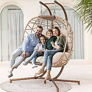 NICESOUL® Double Swing Egg Chair with Stand Large 2 Person Indoor Outdoor Wicker Patio Twins Basket Hanging Chair with Beige Cushions 510 Lbs Capaticy for Bedroom Balcony Oversized