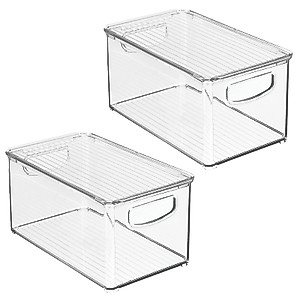 mDesign Deep Plastic Bathroom Storage Bin Box, Lid/Built-in Handles, Organization for Makeup, Hair Styling Tools, Toiletry Accessories in Cabinet, Shelves, Ligne Collection, 2 Pack, Clear